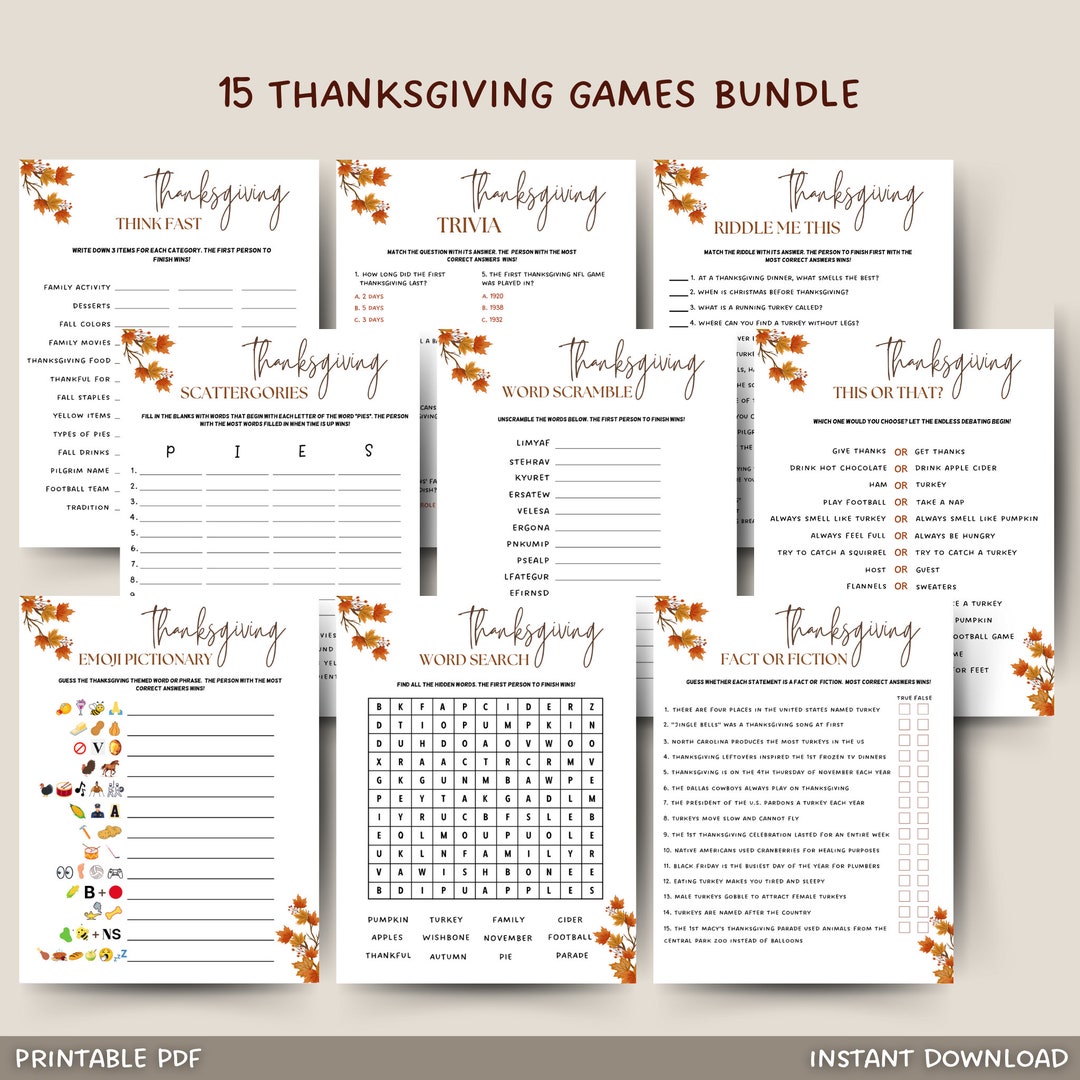 Thanksgiving Games Bundle Printable, Fall Holiday Games Bundle, Fun ...