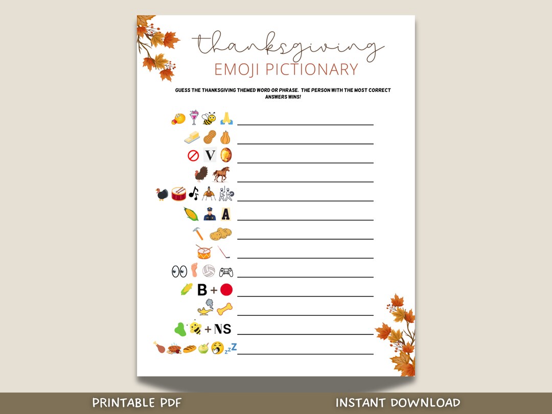 Thanksgiving Emoji Pictionary Game Printable, Fun Thanksgiving Trivia ...