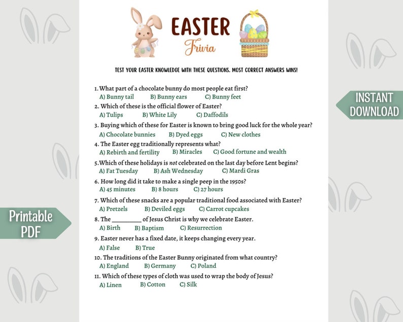 Easter Trivia Party Game Printable Easter Games Easter - Etsy
