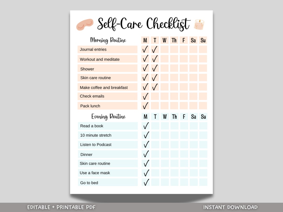 Self Care Checklist Printable Digital Planner, Journal Tracker, Stress ...
