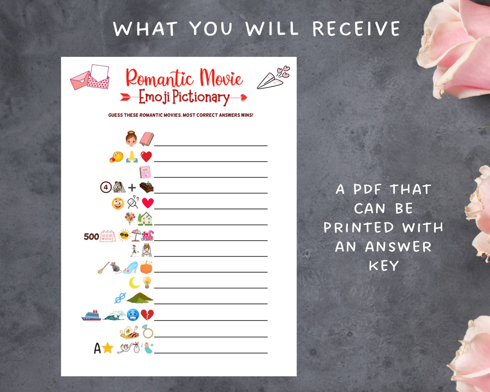 Valentine's Day Romantic Movie Emoji Pictionary Game - Etsy