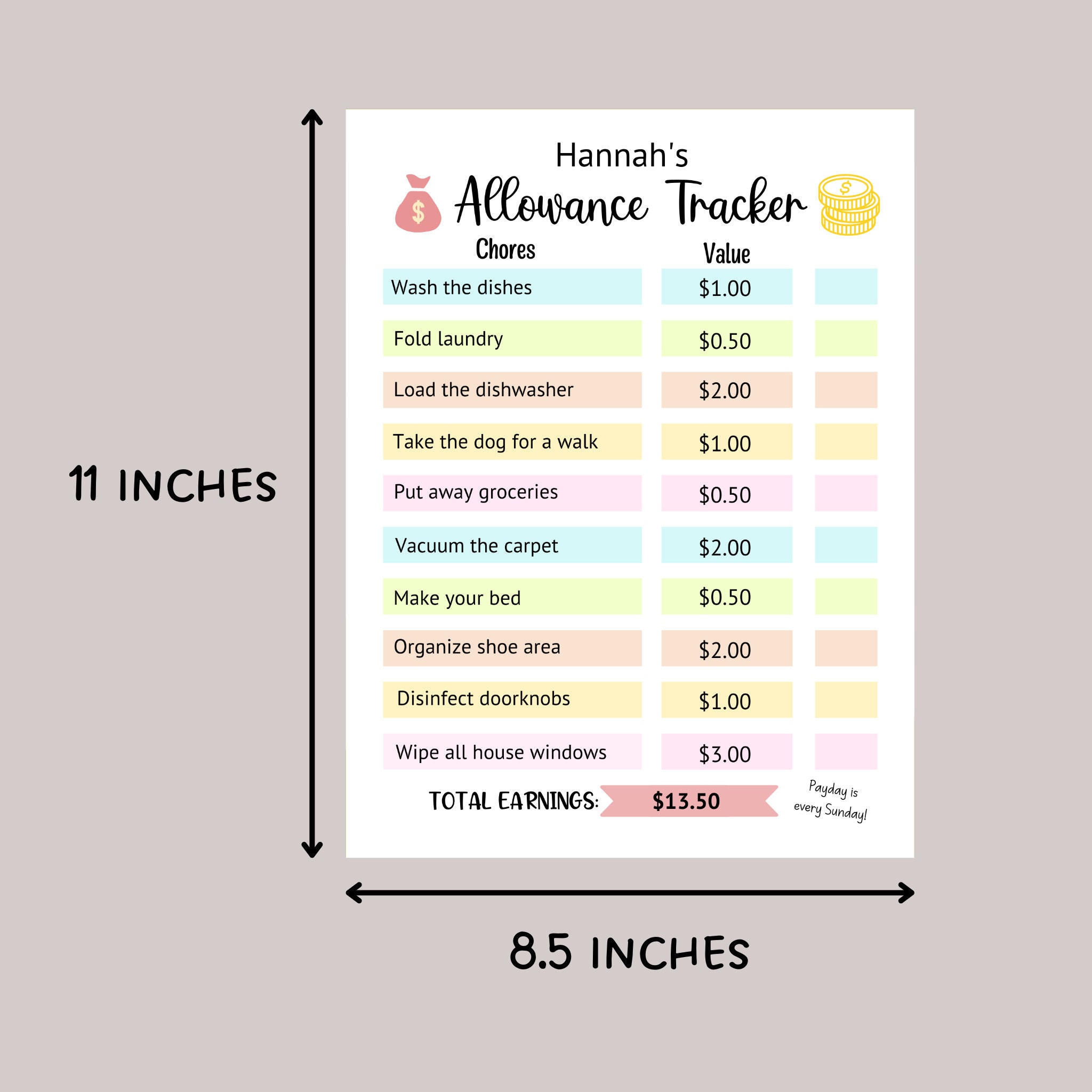 Editable Allowance Chart for Kids | Allowance Tracker | Editable Chore ...