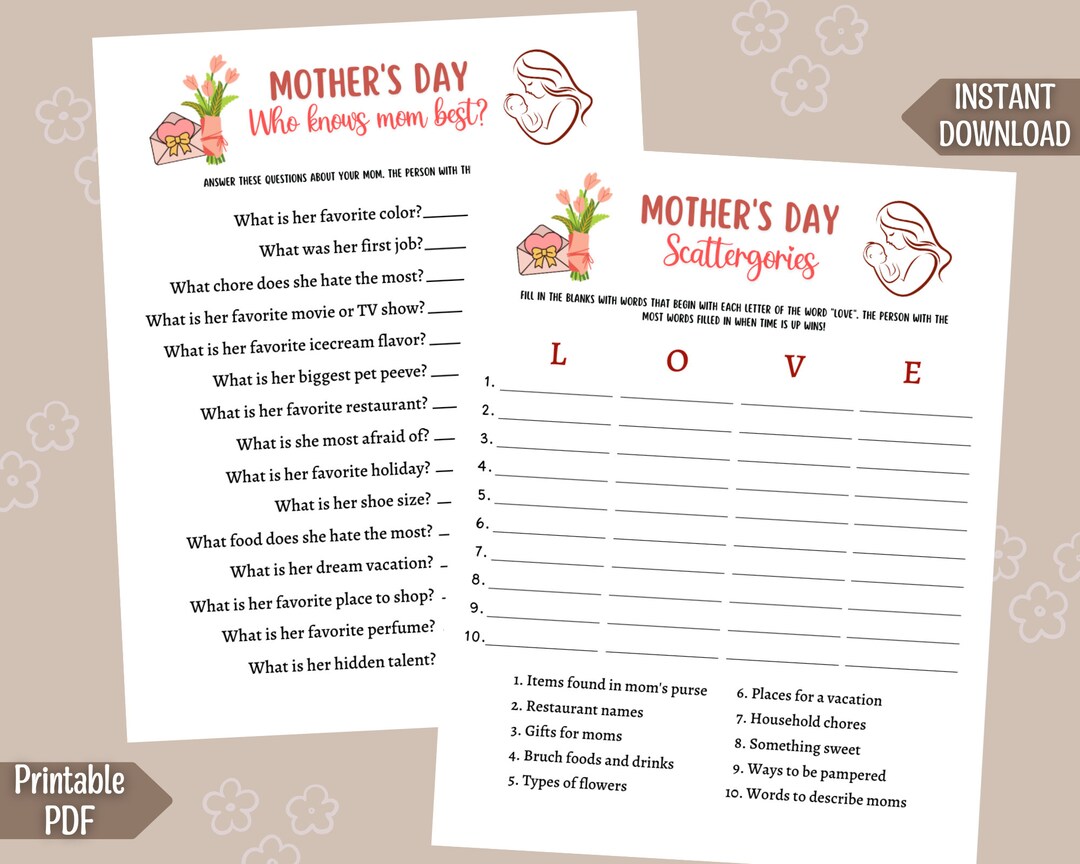 Mother's Day Game Printable Mothers Day Party Game for - Etsy