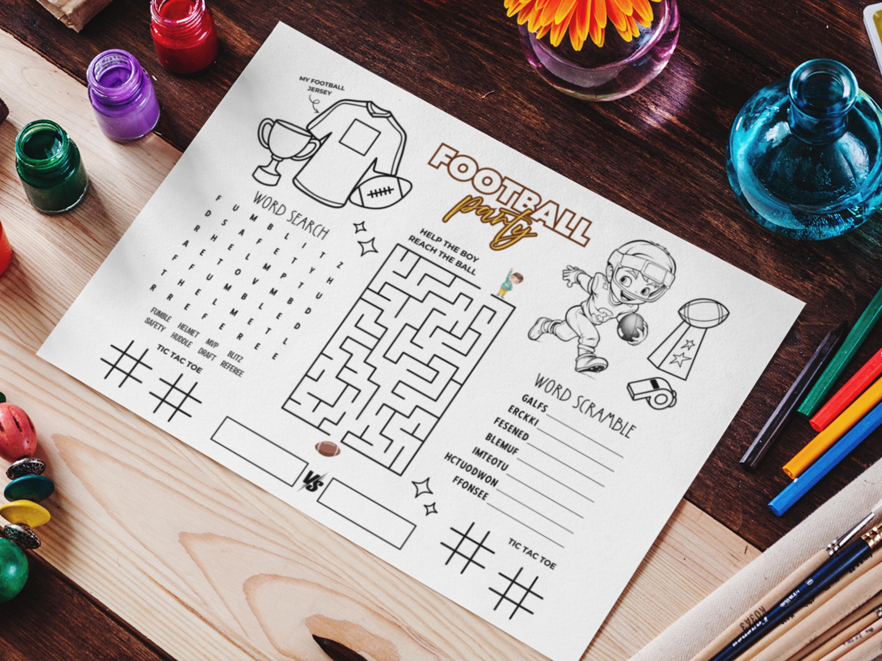 Football Activity Sheet Printable for Kids, Coloring Placemat Game ...