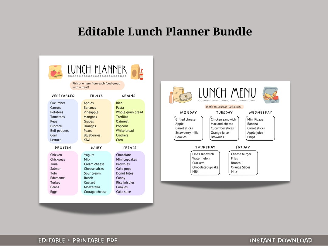 School Lunch Meal Planner Printable, Editable Lunch Menu Kids, Weekly ...