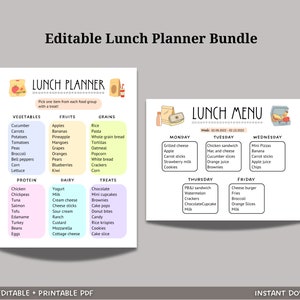 School Lunch Meal Planner Printable, Editable Lunch Menu Kids, Weekly ...