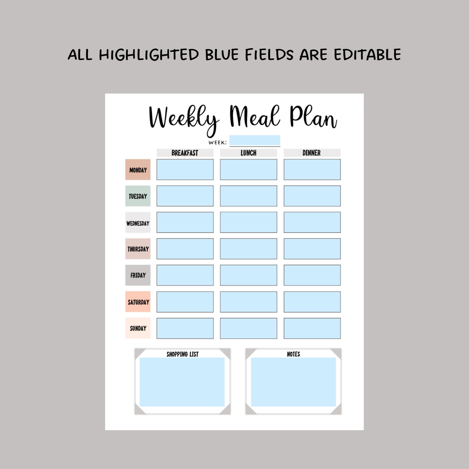 Printable Weekly Meal Planner, Minimalist Menu Planner, Editable Weekly ...