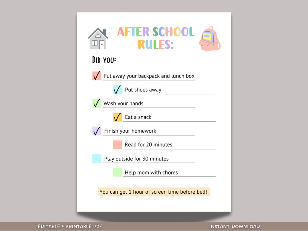 Editable After School Rules, Printable After School Checklist Reminders ...
