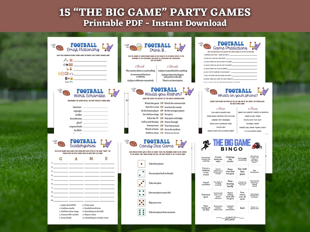 Football Party Games Bundle Printable, the Big Game Activity for Kids ...