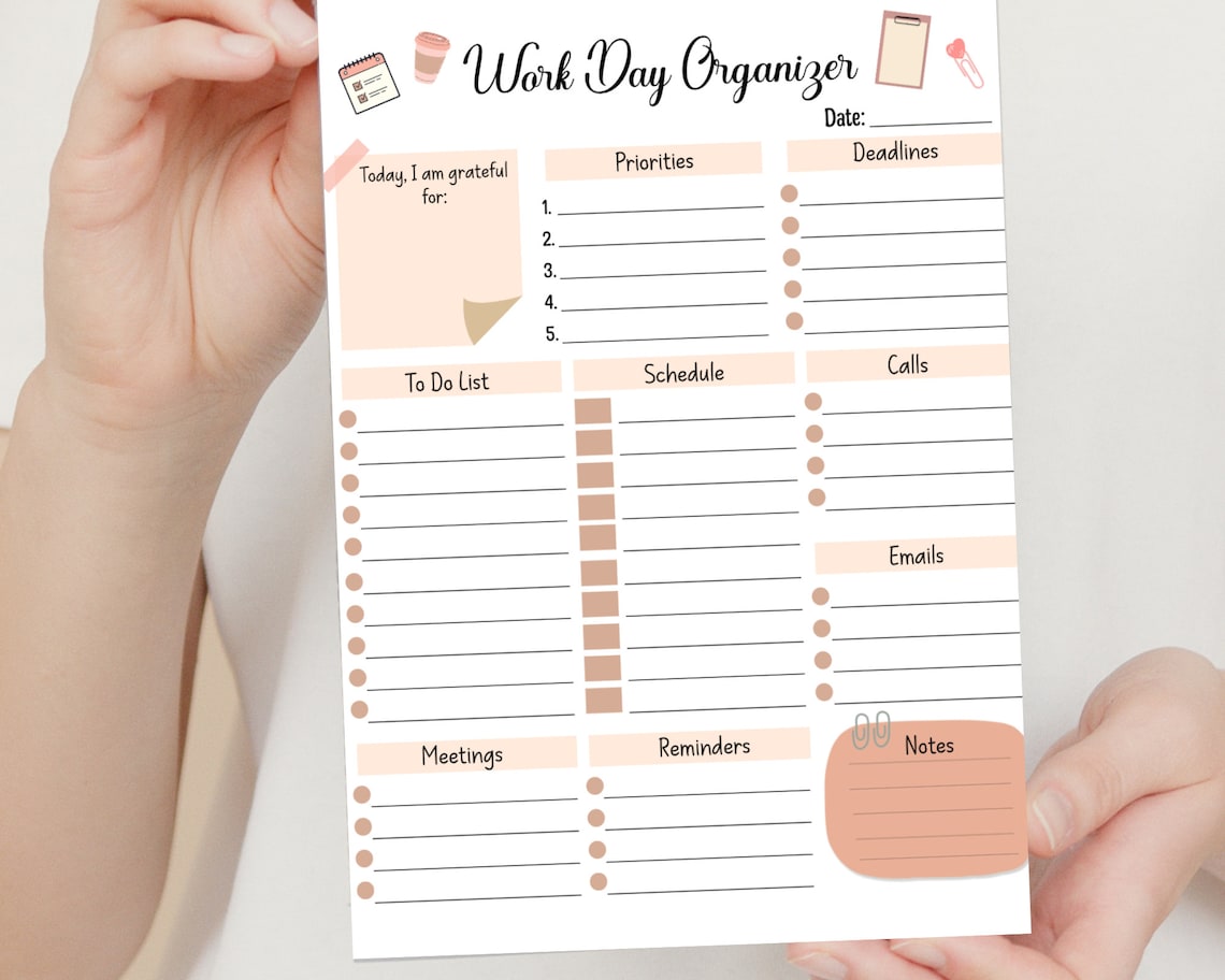 Work Day Organizer Editable Fillable Printable Work Planner - Etsy