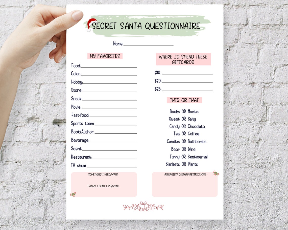 Secret Santa Questionnaire Printable Secret Santa Gift - Etsy