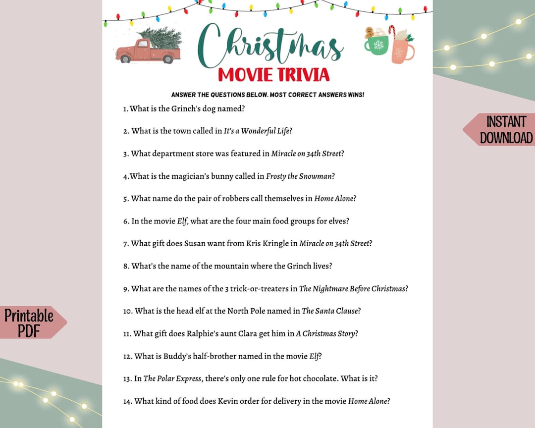 Christmas Movie Trivia Game Printable Fun Holiday Party Game - Etsy