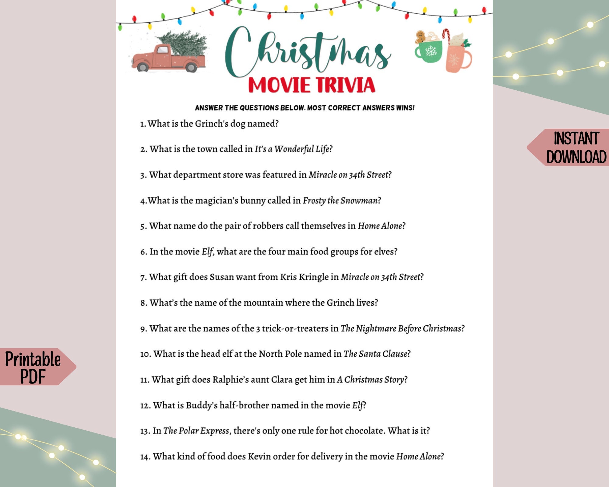 Christmas Movie Trivia Game Printable Fun Holiday Party Game - Etsy