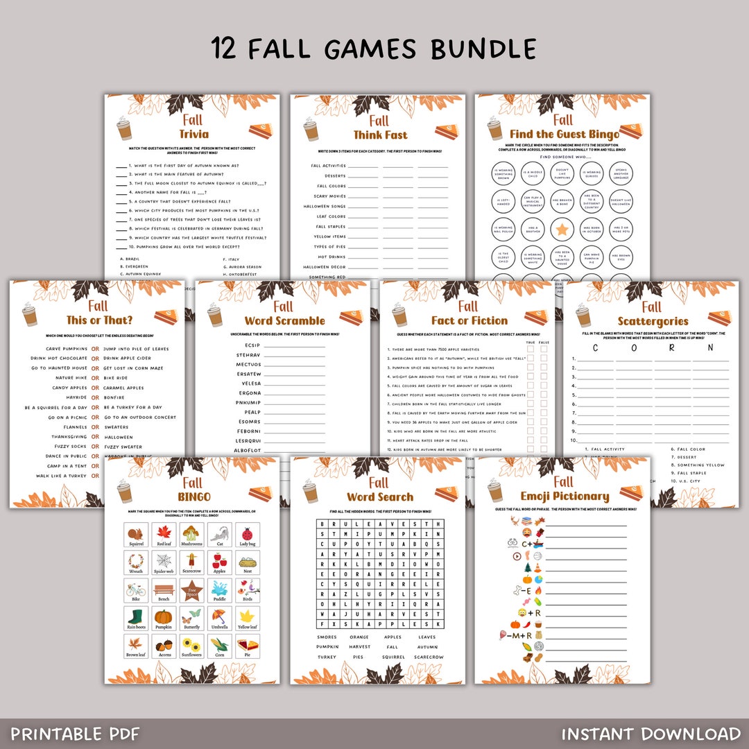 Fall Games Bundle Printable, Fun Autumn Games, Fall Activity Adults ...
