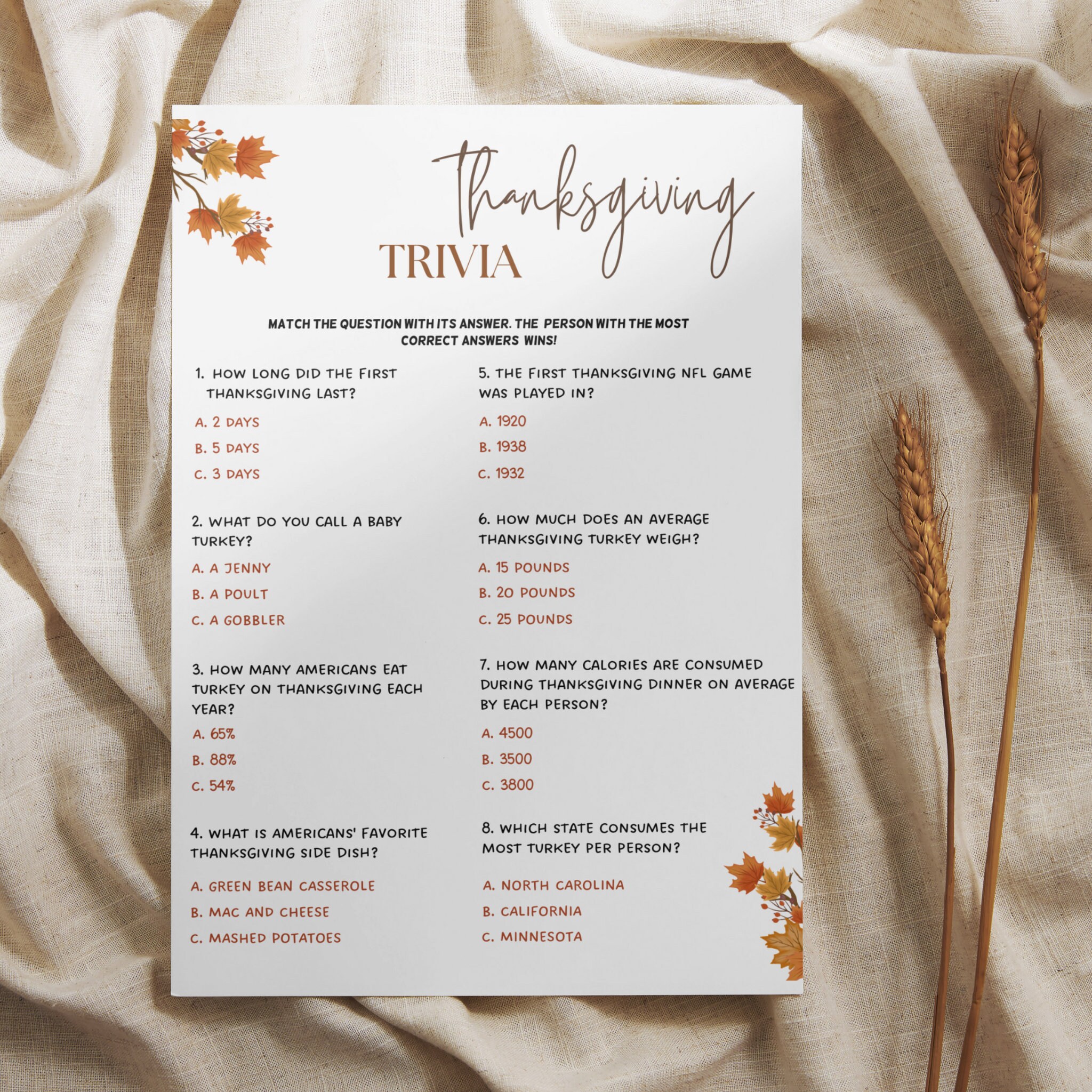 Thanksgiving Trivia Game Printable, Fun Friendsgiving Game, Turkey Day ...
