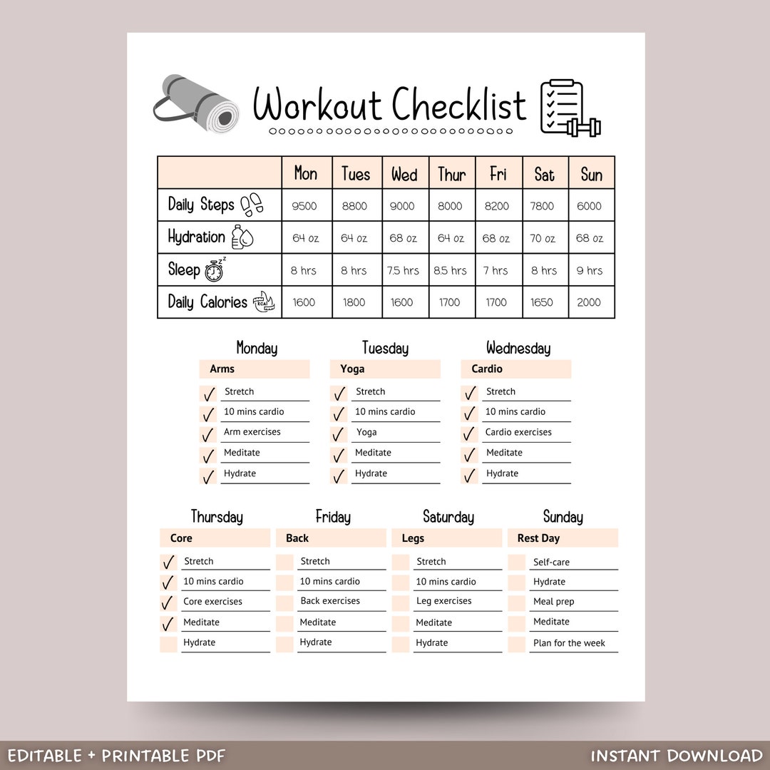 Workout Checklist Editable, Daily Workout Routine Chart, Simple Workout ...