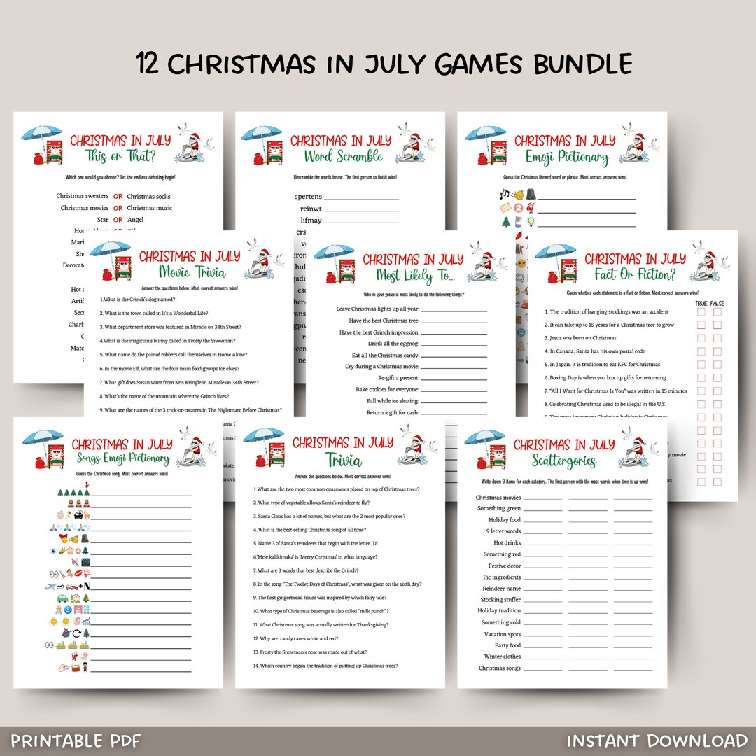 Christmas in July Games Bundle Printable, Family Activity, Office Party ...