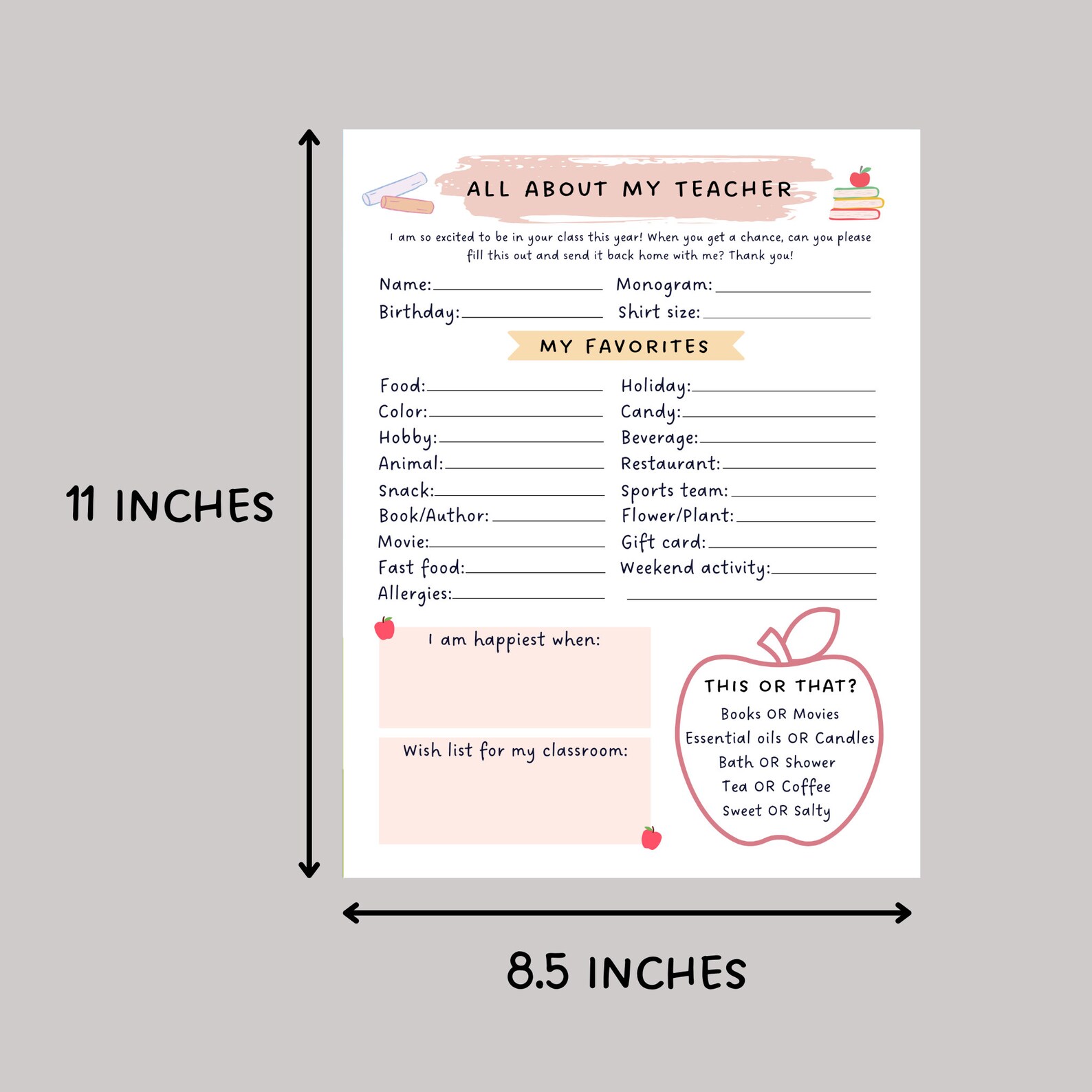 All About My Teacher Survey, Back to School Teacher Questionnaire ...