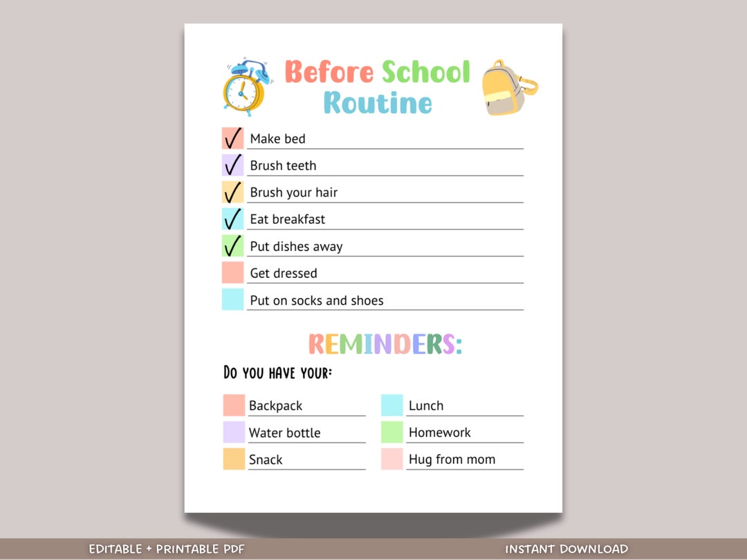 Printable Before School Checklist, Morning Reminders for Kids, Editable ...