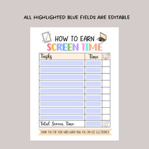 Screen Time Chart Checklist, Editable Printable Screen Time Chore Chart ...