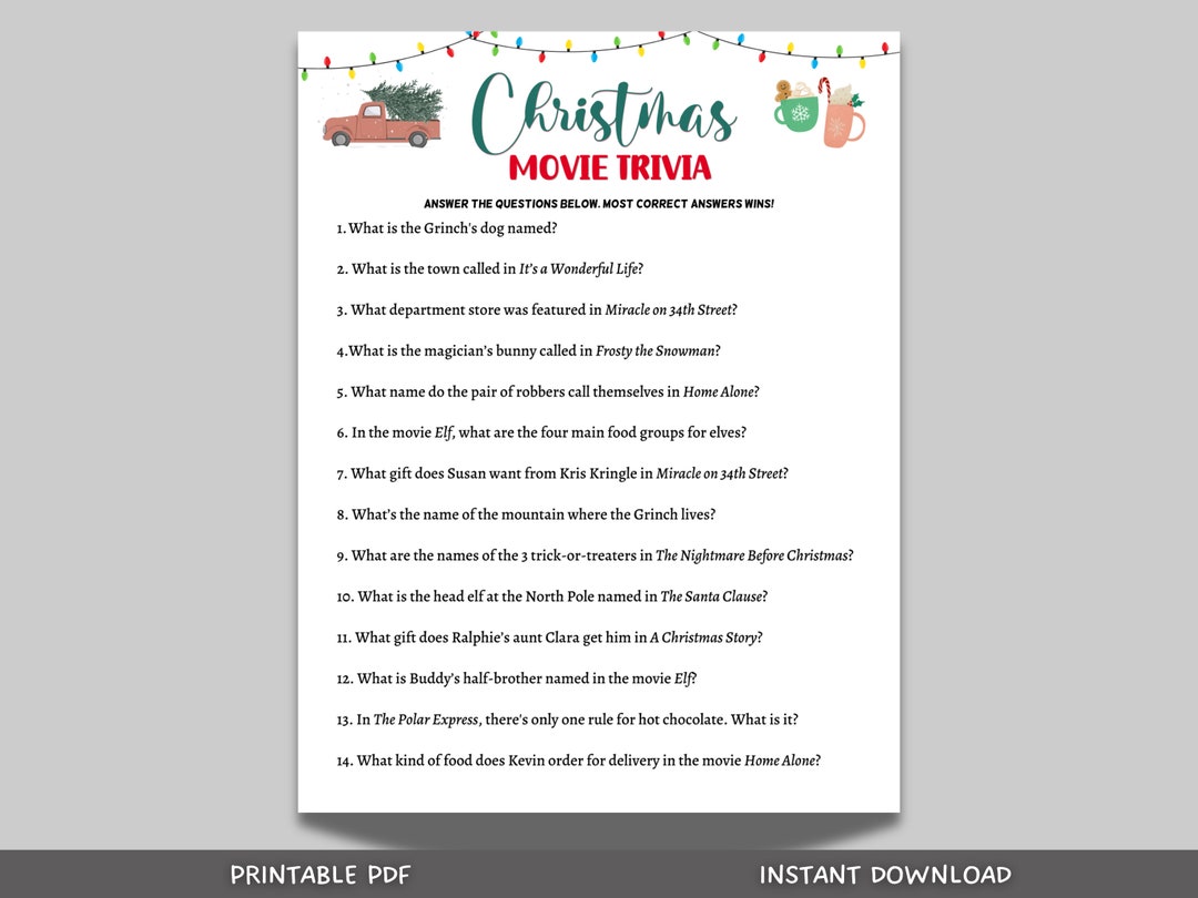 Christmas Movie Trivia Game Printable, Fun Holiday Party Game, Movie ...