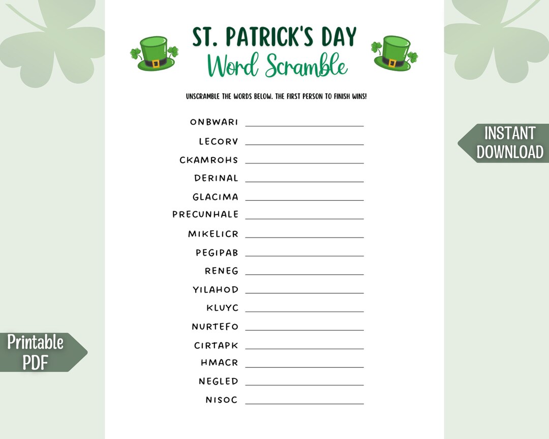 St Patricks Day Word Scramble Game Printable St. Pattys Day - Etsy