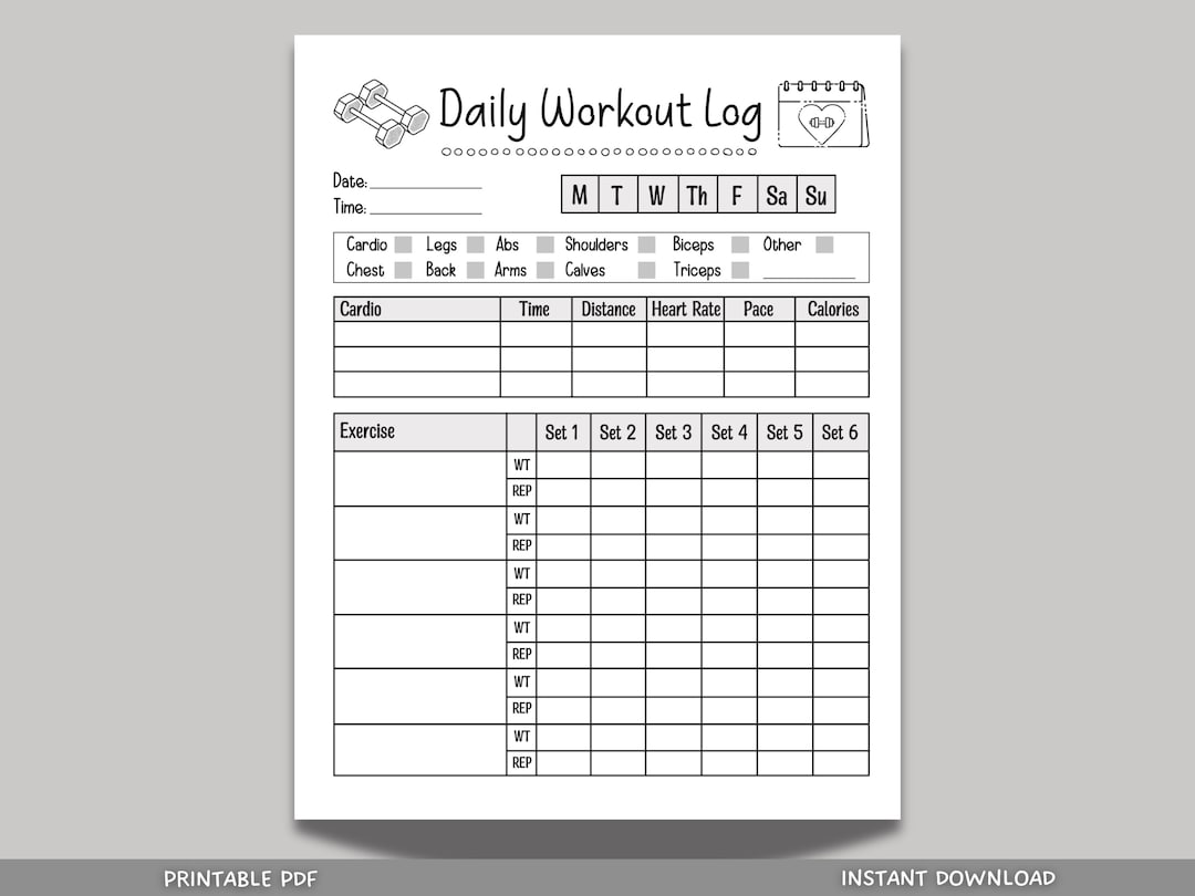 Daily Workout Log Printable Exercise Planner, Fitness Planner Journal ...
