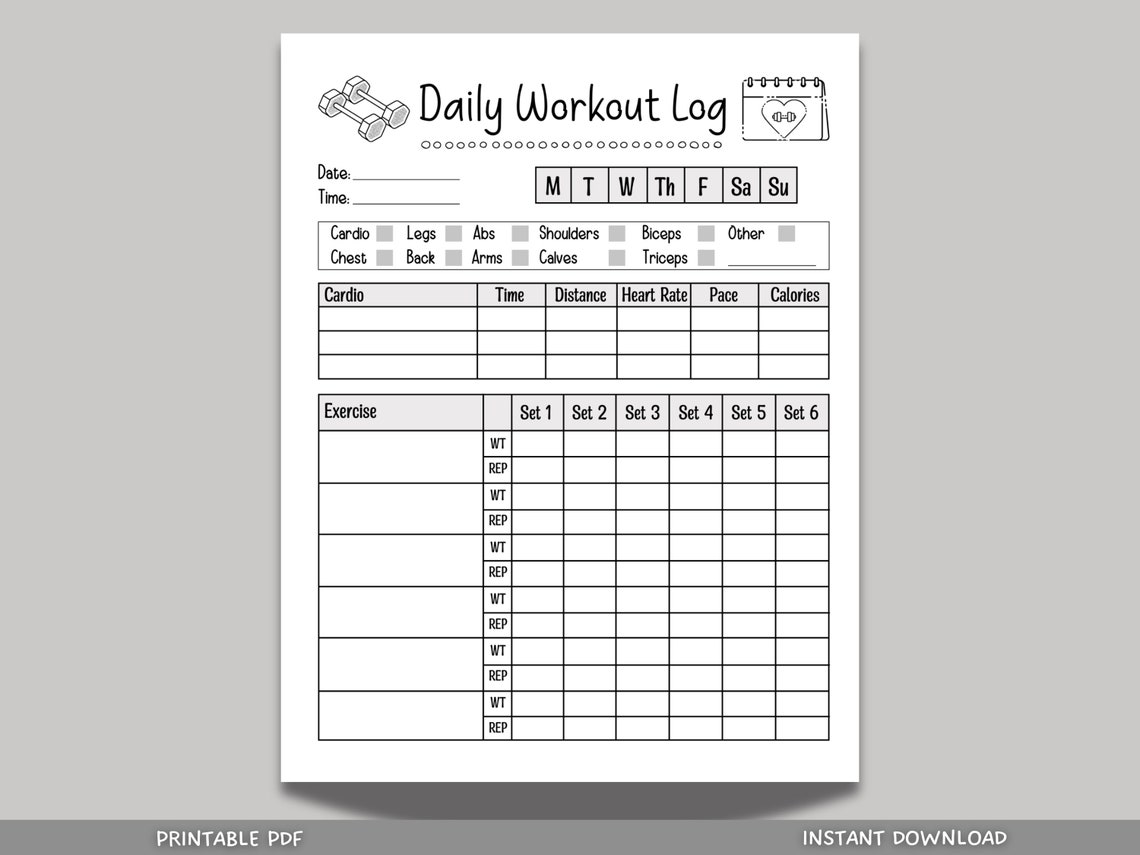 Daily Workout Log Printable Exercise Planner, Fitness Planner Journal ...