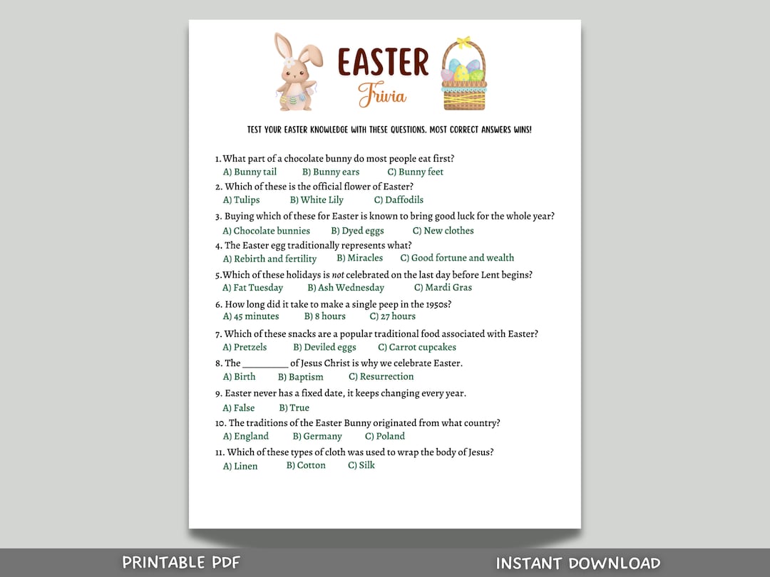 Easter Trivia Party Game Printable, Easter Games, Easter Activity for ...