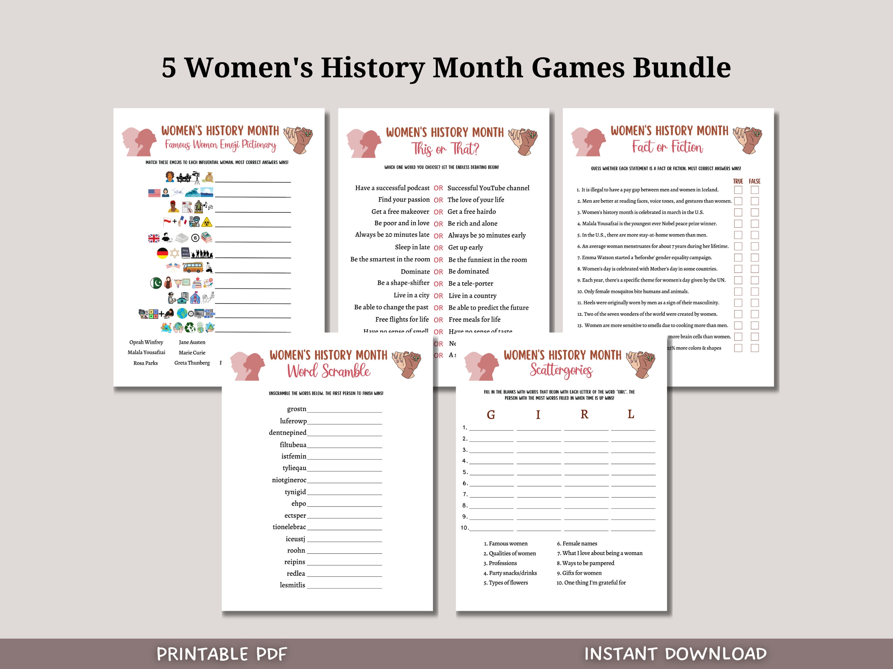 Womens History Month Party Games Printable, Emoji Pictionary, Trivia ...
