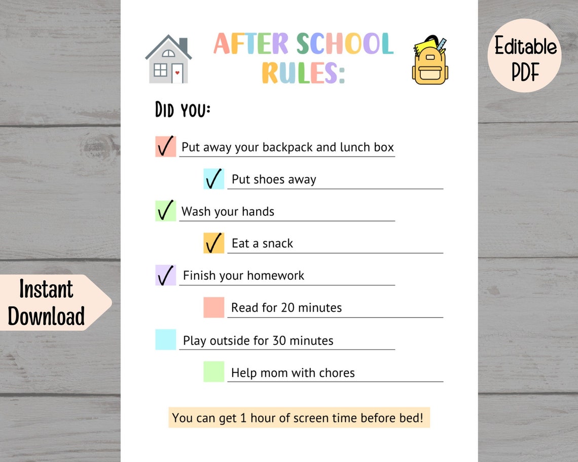 Editable After School Rules Printable After School Checklist - Etsy