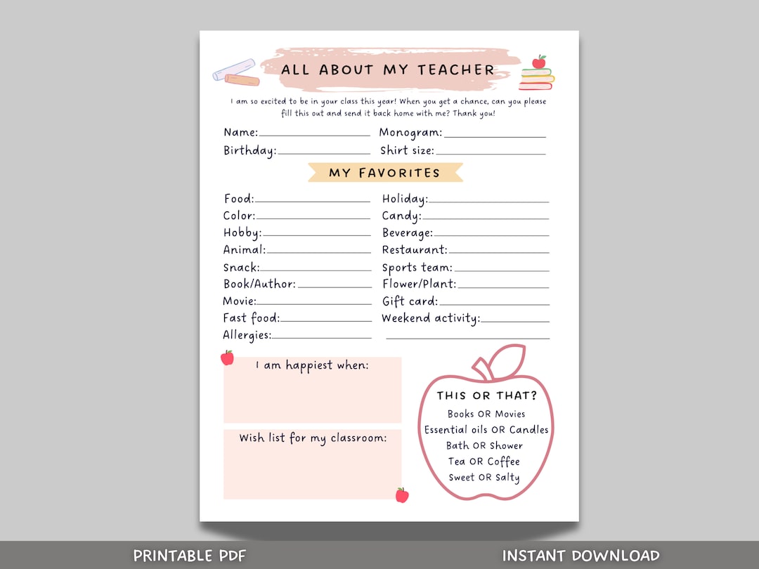 All About My Teacher Survey, Back to School Teacher Questionnaire ...