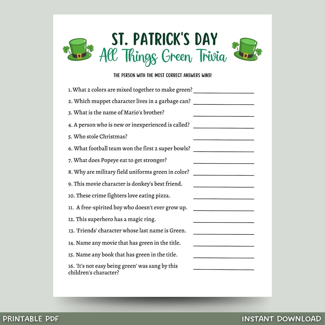 St. Patrick's Day Green Trivia Game Printable, All Things Green ...