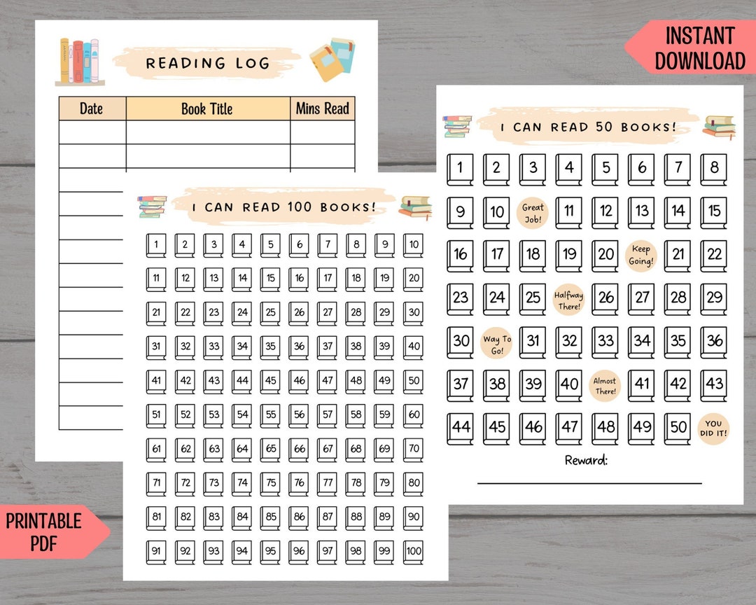 Printable Reading Chart Kids Reading Log Tracker 50 100 - Etsy