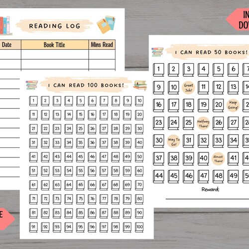 Printable Reading Chart Kids Reading Log Tracker 50 100 - Etsy