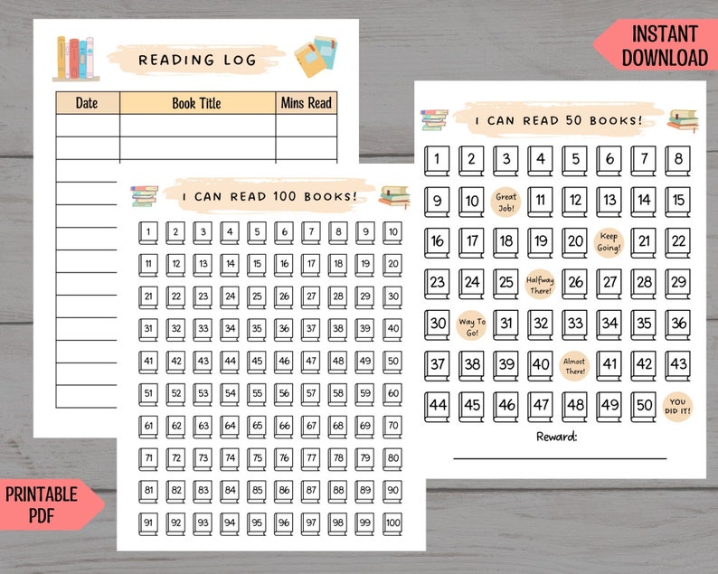 Printable Reading Chart Kids Reading Log Tracker 50 100 - Etsy