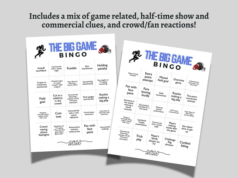 The Big Game Football Bingo Printable, 2026 Super Sunday Family Watch ...
