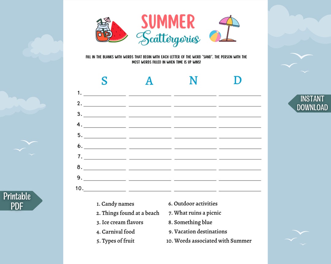 Summer Scattergories Game Printable Pool Party Game Summer - Etsy