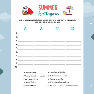 Summer Scattergories Game Printable Pool Party Game Summer - Etsy