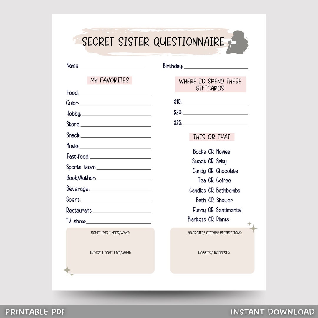 Secret Sister Questionnaire Printable, All About Me Survey, Gift ...
