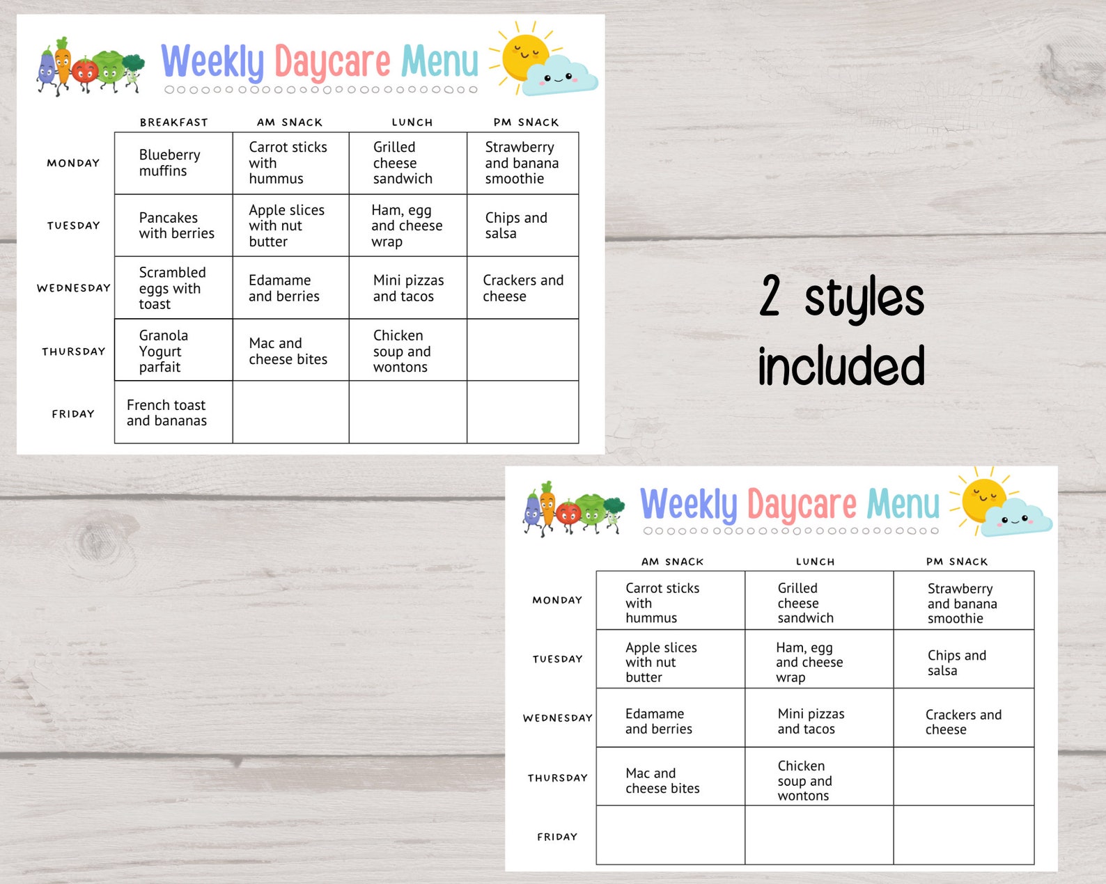 Daycare Weekly Menu Printable Home Daycare Monthly Meal - Etsy