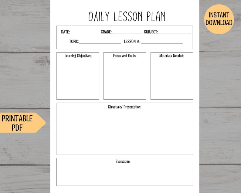 Daily Lesson Plan Template Simple Lesson Plan Template for - Etsy