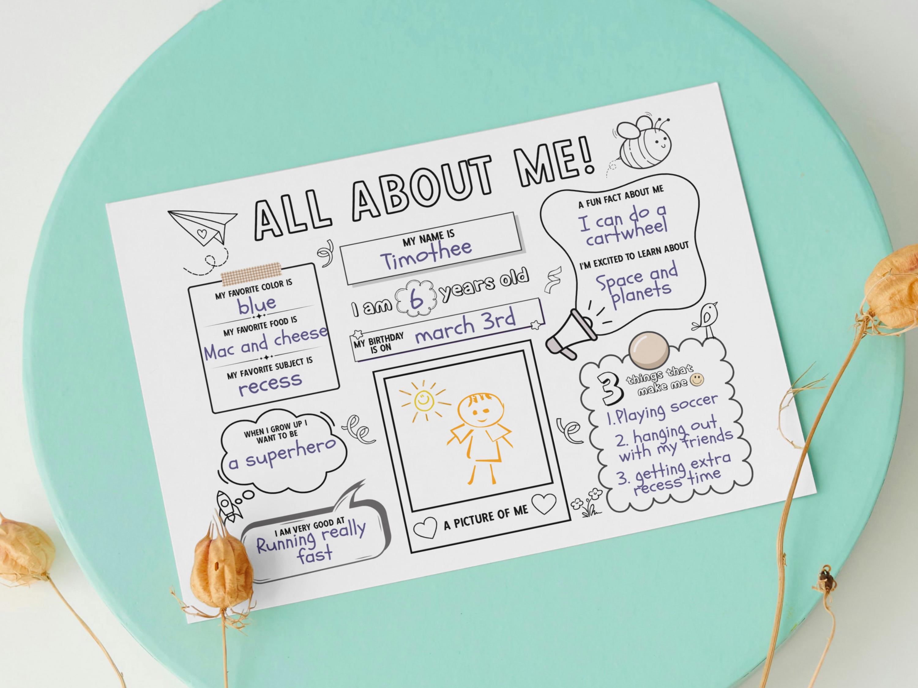 All About Me Coloring Page Printable, First Day of School Activity for ...