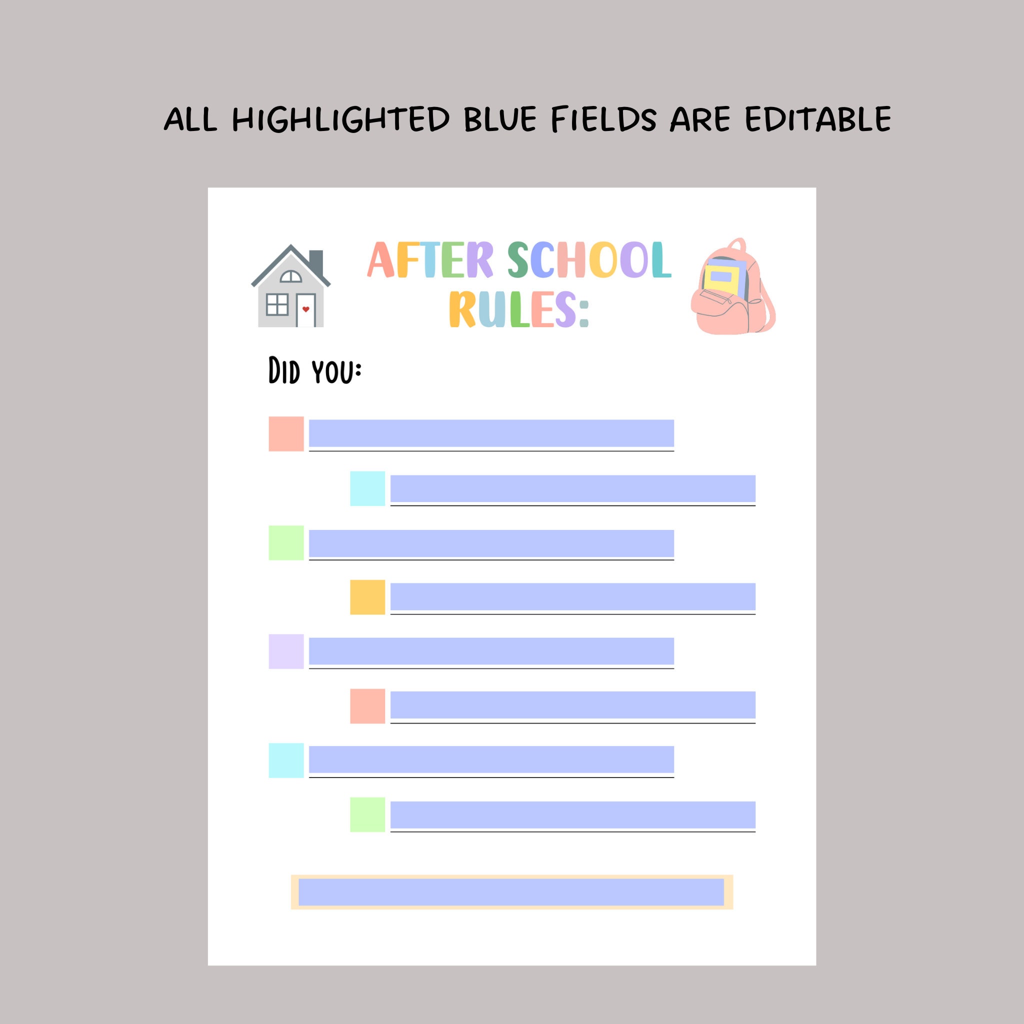 Editable After School Rules, Printable After School Checklist Reminders ...