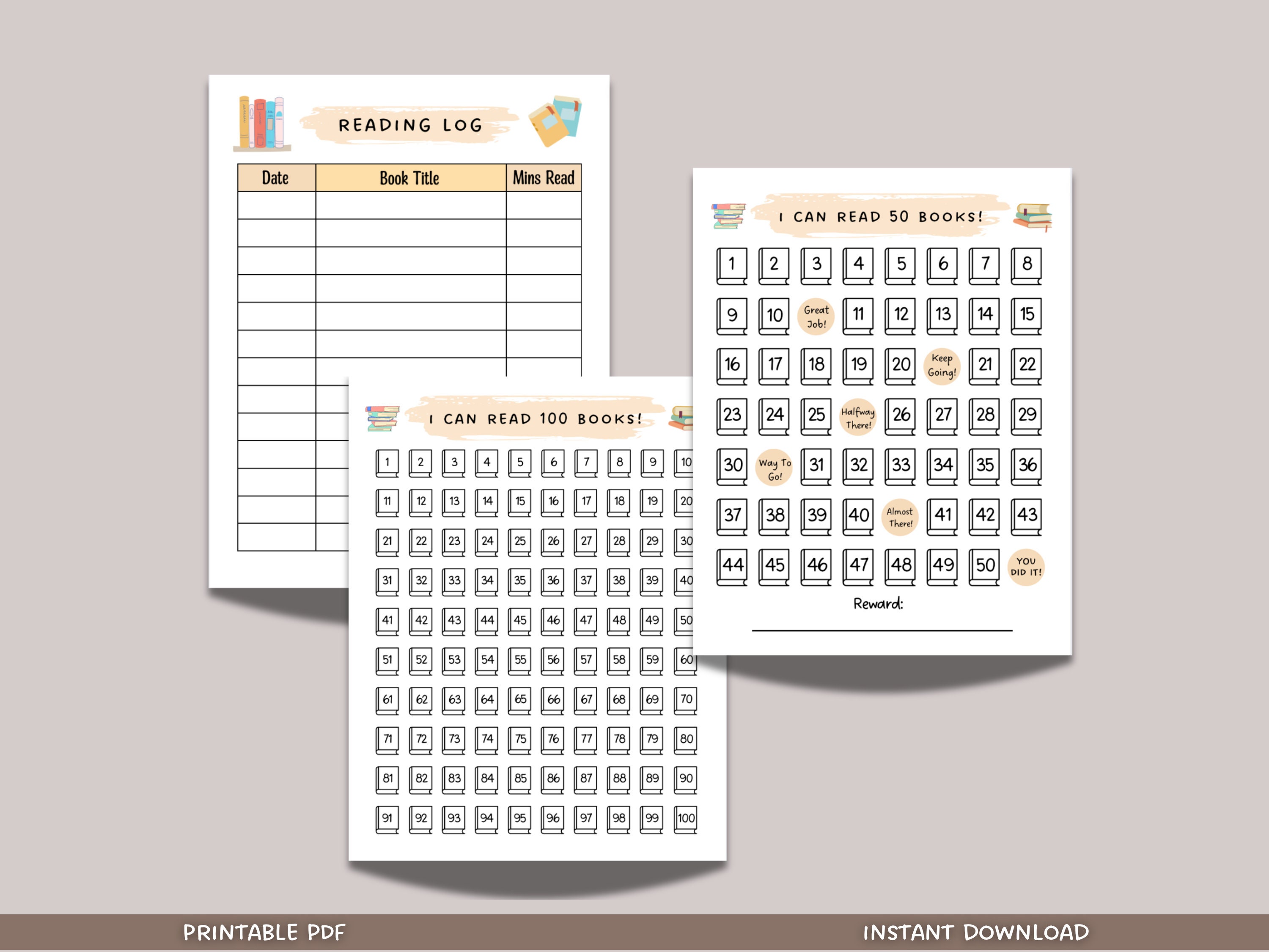 Printable Reading Chart Kids, Reading Log Tracker 50 100 Books, Book ...