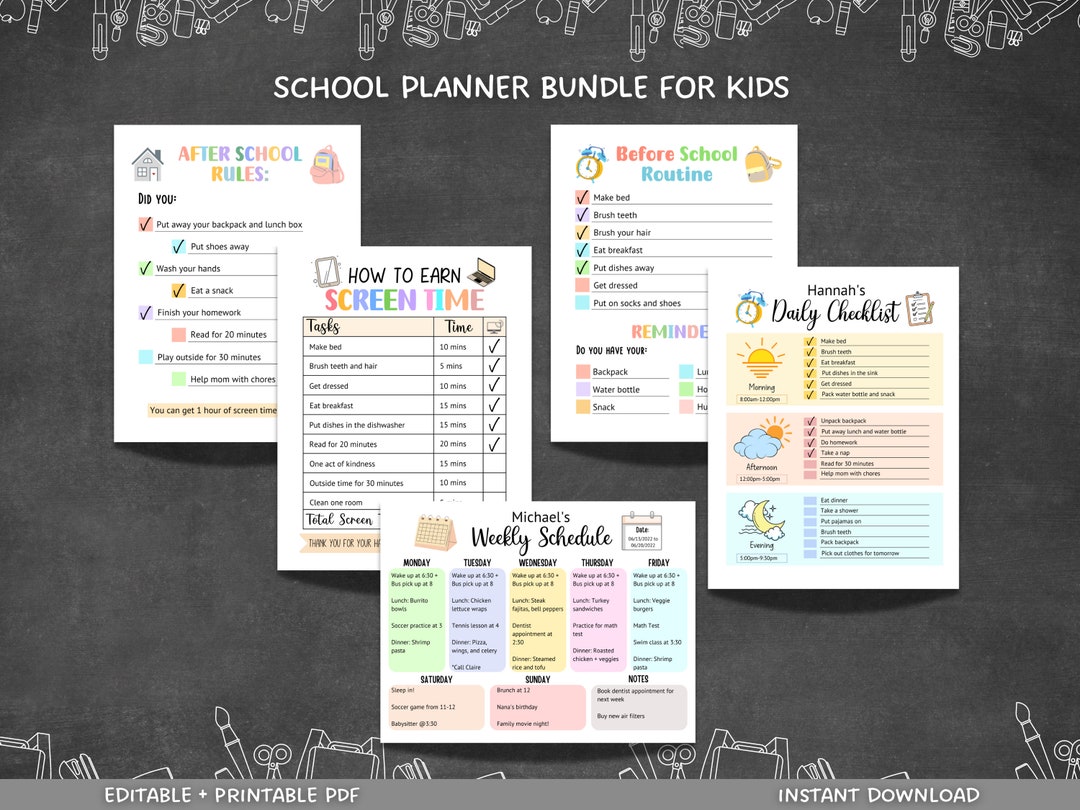 Editable School Planner Kids Printable, Back to School Bundle ...