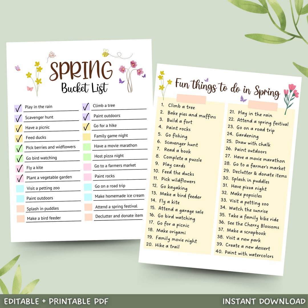 Editable Spring Bucket List, Printable Fun Spring Activities for Kids ...