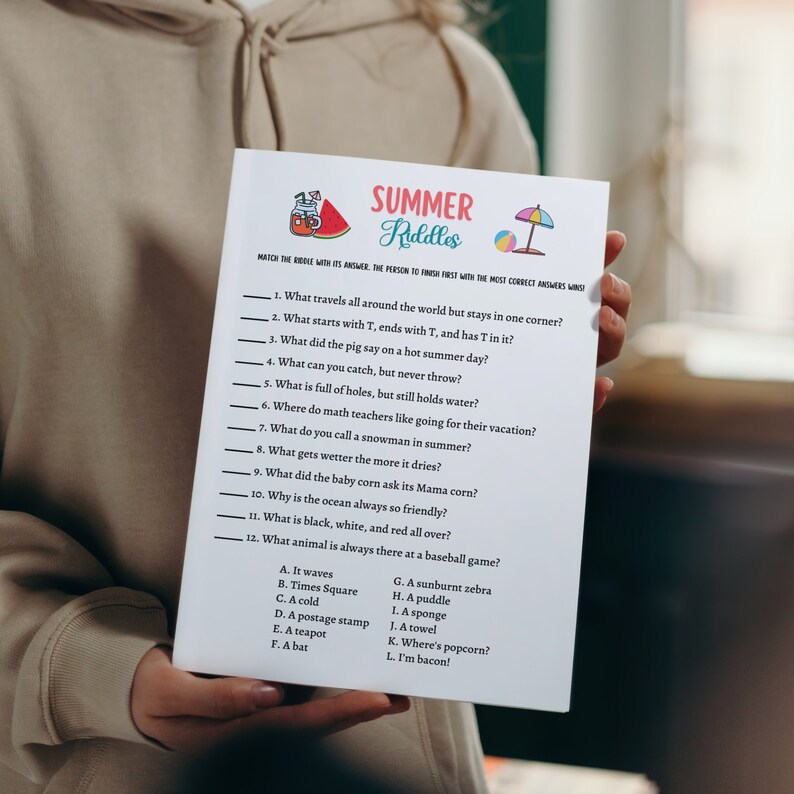 Summer Riddles Game Printable, Pool Party Games, Summer Camp Activity ...