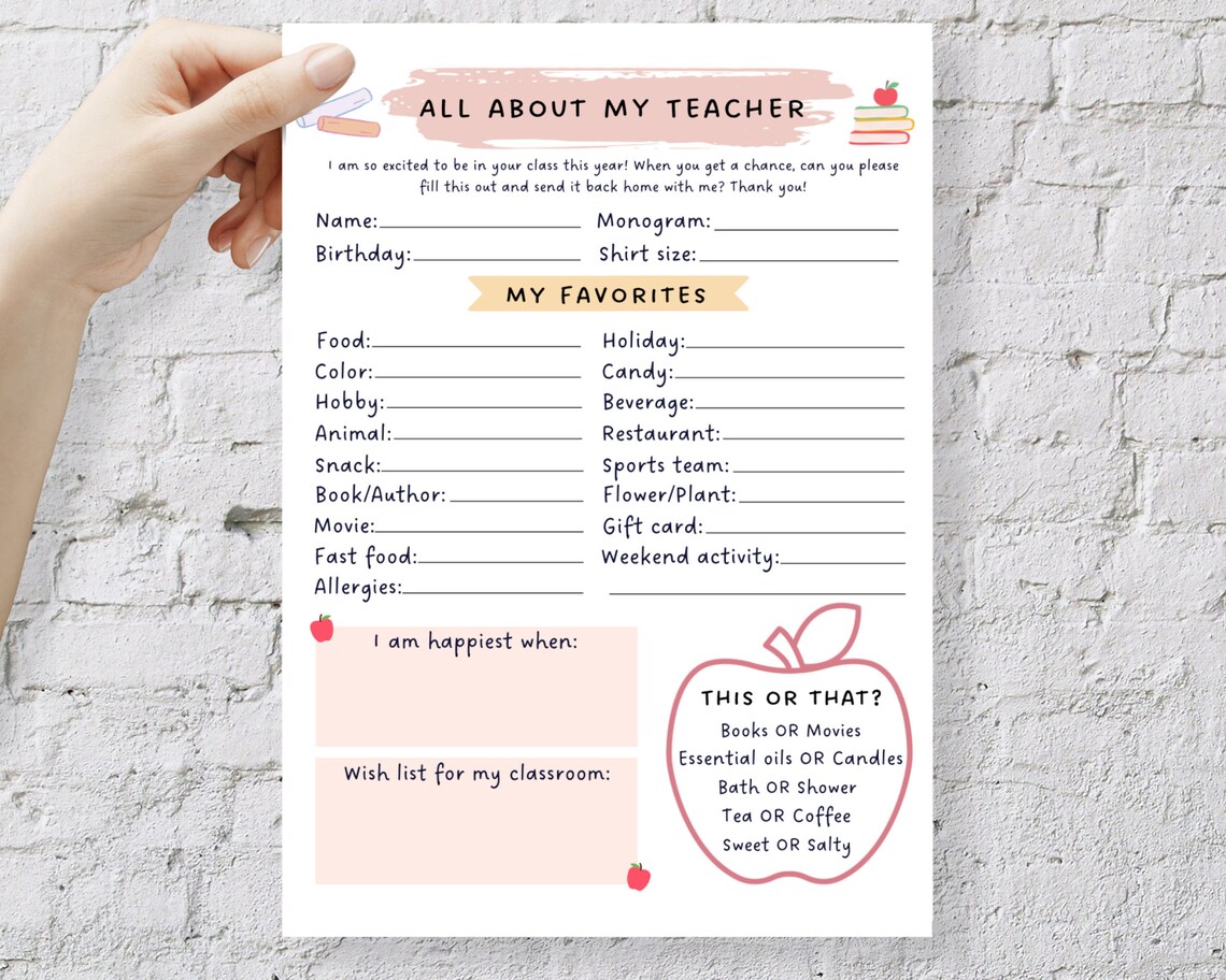 All About My Teacher Survey Back to School Teacher - Etsy