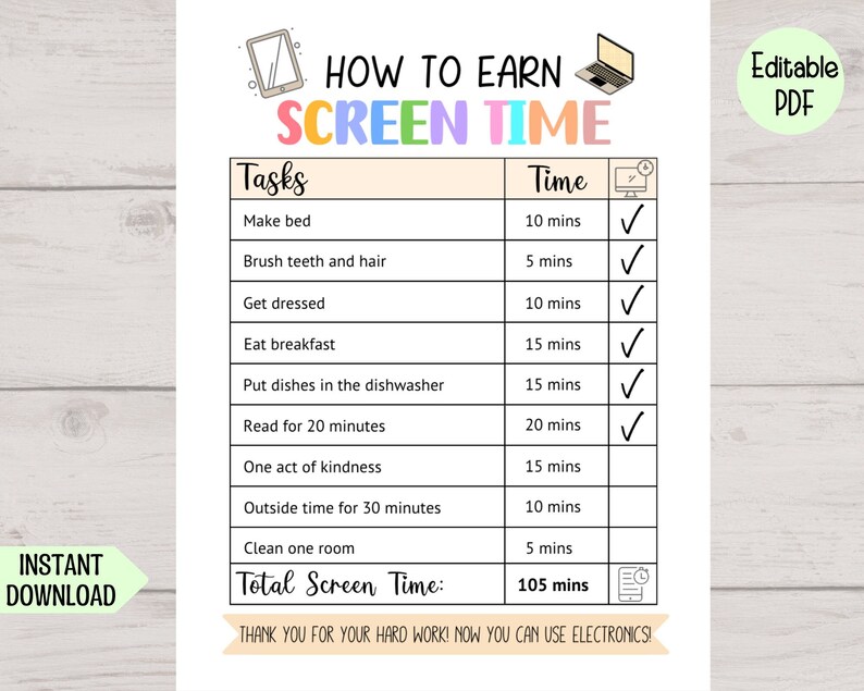 Screen Time Chart Checklist Editable Printable Screen Time - Etsy